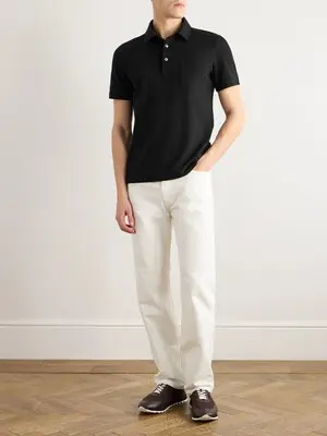 Zegna Slim-fit Leather-trimmed Cotton-piqué Polo Shirt - Black