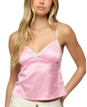 EDIKTED Polka Dot Satin Top With Lace Trim - Pink