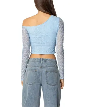 EDIKTED Fabia Asymmetric Textured Lace Top - Light Blue