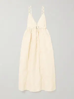 GANNI Belted Eyelet-embellished Striped Taffeta Midi Dress - Cream