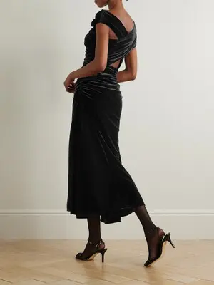 ganni ruched velvet midi dress Asymmetric ruched velvet midi dress in black - Ganni
