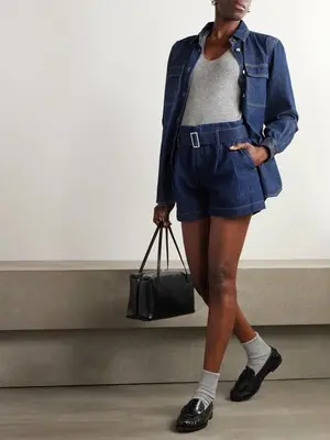 FRAME The Paper Bag Belted Pleated Denim Shorts - Blue