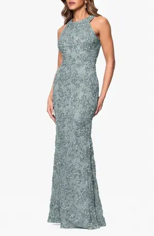 XSCAPE EVENINGS Sequin Soutache Sleeveless Gown - Sage
