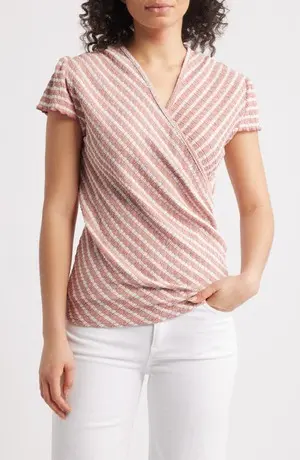 Loveappella Puckered Stripe Wrap Top - Blush