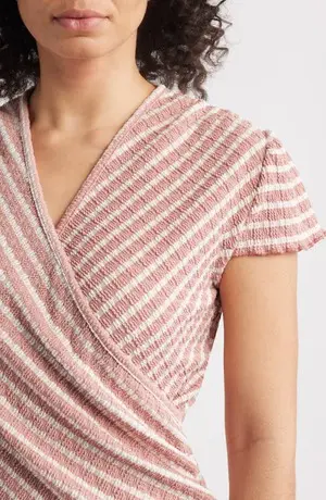 Loveappella Puckered Stripe Wrap Top - Blush