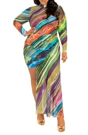 BUXOM COUTURE Print Asymmetric Mesh Midi Dress