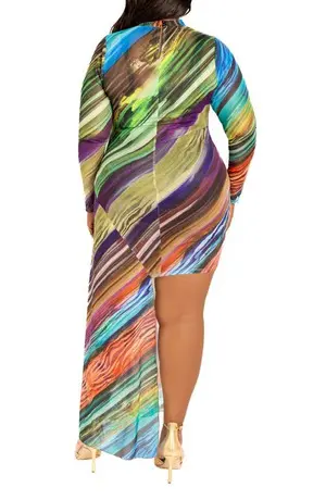 BUXOM COUTURE Print Asymmetric Mesh Midi Dress