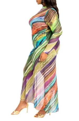 BUXOM COUTURE Print Asymmetric Mesh Midi Dress
