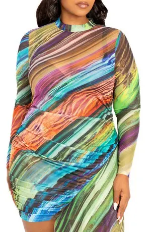 BUXOM COUTURE Print Asymmetric Mesh Midi Dress