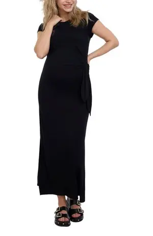Motherhood Maternity Crew Neck Midi Dress With Side Tie - Black