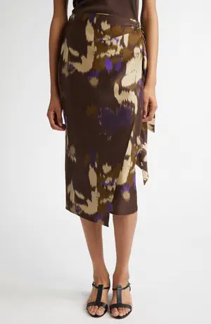 Max Mara Dritto Floral Shantung Silk Wrap Skirt - Coffee