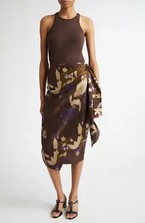 Max Mara Dritto Floral Shantung Silk Wrap Skirt - Coffee