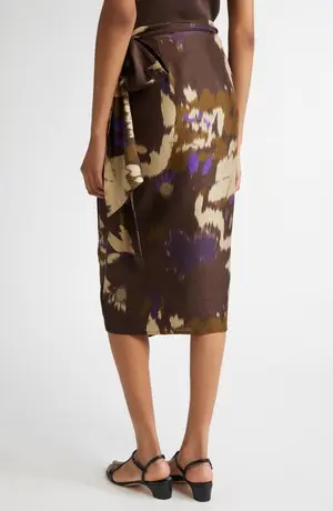 Max Mara Dritto Floral Shantung Silk Wrap Skirt - Coffee