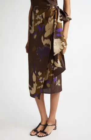 Max Mara Dritto Floral Shantung Silk Wrap Skirt - Coffee