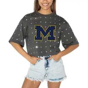 GAMEDAY COUTURE Michigan Wolverines Go Time Rhinestone Crop T-shirt - Gray