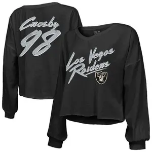 MAJESTIC THREADS Maxx Crosby Las Vegas Raiders Off-shoulder Script Player Name & Number Cropped Long Sleeve V-neck T-shirt - Black