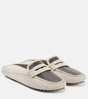 Brunello Cucinelli Monili Suede Driving Mules - Beige