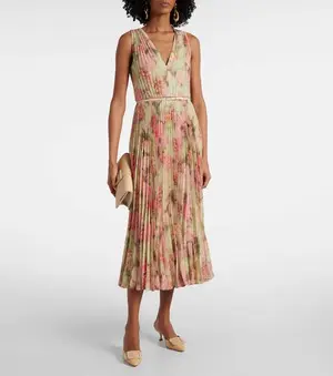 Max Mara Floral Plisse Georgette Midi Dress - Green