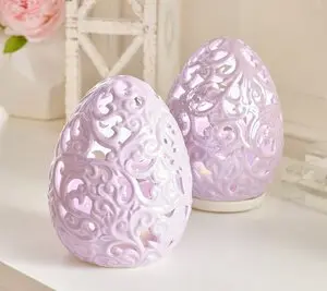 VALERIE PARR HILL Set Of 2 6.5' Lit Pearlized Ceramic Eggs Valerie - One-color
