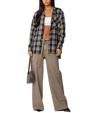 EDIKTED Plaid Flannel Button-up Shirt