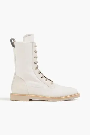 Brunello Cucinelli Bead-embellished Canvas Combat Boots - Ecru