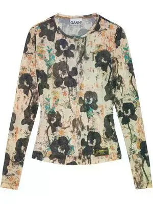 GANNI Floral-print Top - Neutrals