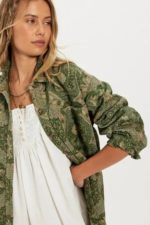 Free People We The Free Brick Lane Jacquard Maxi Shirt Jacket - Olive Combo