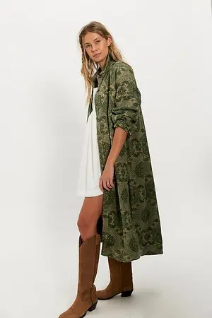 Free People We The Free Brick Lane Jacquard Maxi Shirt Jacket - Olive Combo