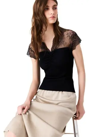 Maje Jersey Top With Lace Trim