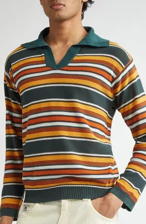 BODE Boxy Parakeet Stripe Long Sleeve Polo