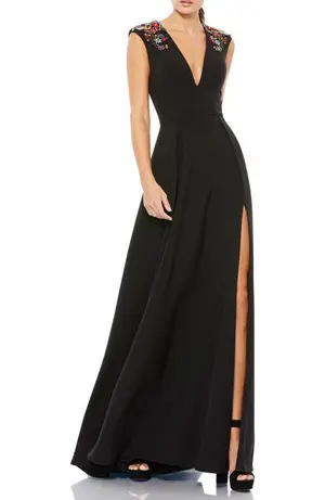 Mac Duggal Beaded V-neck Ball Gown - Black
