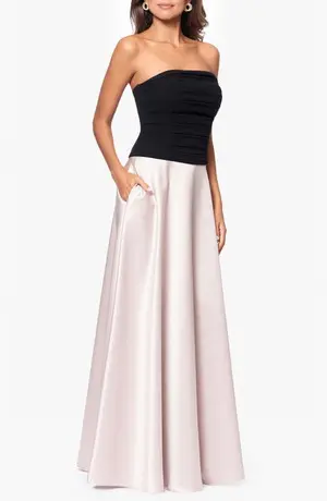 XSCAPE EVENINGS Mixed Media Strapless Ball Gown
