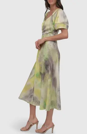 Dkny Ruched Printed Satin Midi Dress
