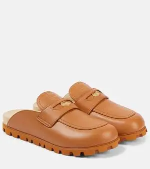 Miu Miu Logo Leather Mules - Brown