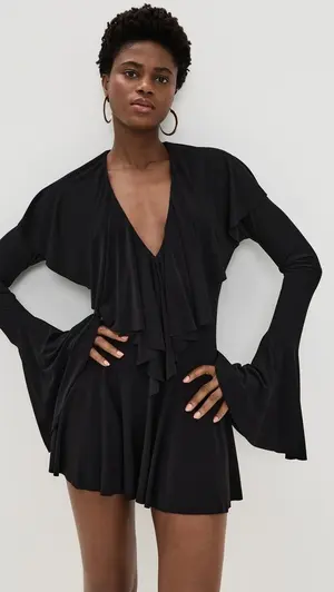 Norma Kamali Long Sleeve Ruffle Mini Dress - Black