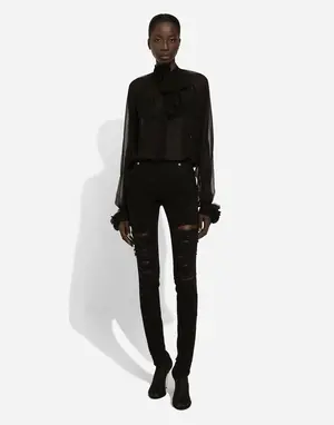 Dolce & Gabbana Silk Chiffon Shirt With Flower Appliqu - Black