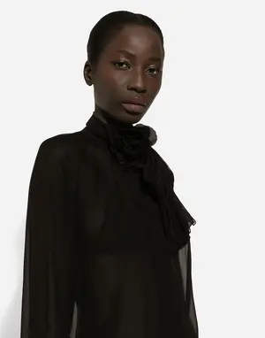 Dolce & Gabbana Silk Chiffon Shirt With Flower Appliqu - Black