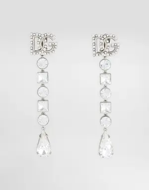 Dolce & Gabbana Rhinestone Drop Earrings With Dg Logo - Silver