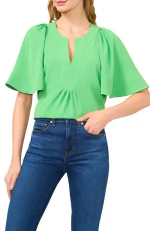 CECE DUPRAZ Flutter Sleeve Crepe Top - Medium Green
