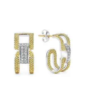 Lagos 18k Yellow Gold And Sterling Diamond Hoop Earrings - Silver