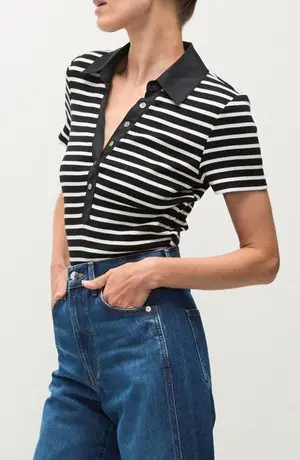 Veronica Beard Kearney Stripe Stretch Cotton Polo - White Black