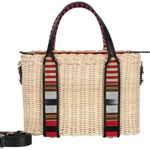 K'AI & VROSI Woven Straw Handbag With Leather Trim - Black