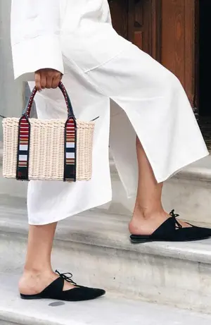 K'AI & VROSI Woven Straw Handbag With Leather Trim
