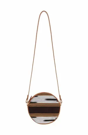 K'AI & VROSI Genuine Leather & Fabric Pattern Crossbody Bag - Brown