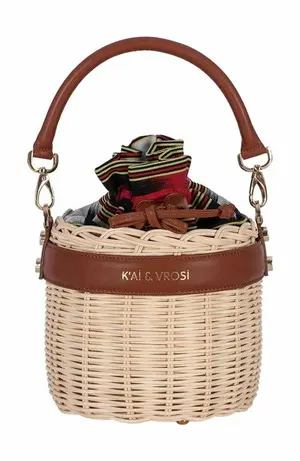 K'AI & VROSI Leather And Straw Bucket Bag With Drawstring - Brown