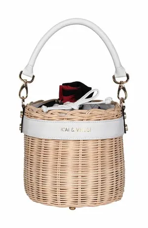 K'AI & VROSI Leather And Straw Bucket Bag With Drawstring - White
