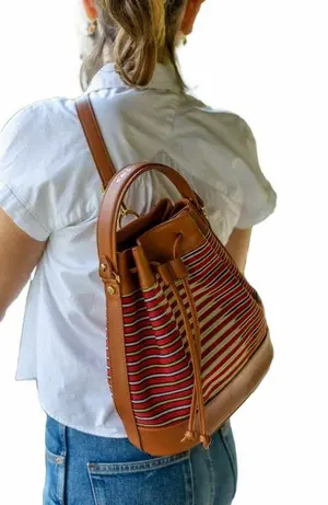 K'AI & VROSI Leather & Striped Fabric Convertible Bag