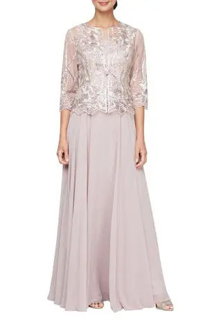 Alex Evenings Sequin Embroidered Lace Gown With Jacket