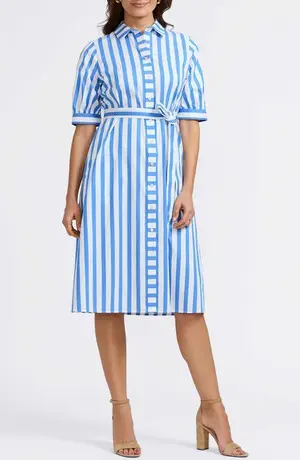 Foxcroft Esther Stripe Shirtdress - Cobalt Blue/ White