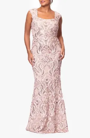 XSCAPE EVENINGS Sequin Floral Appliqué Sheath Gown